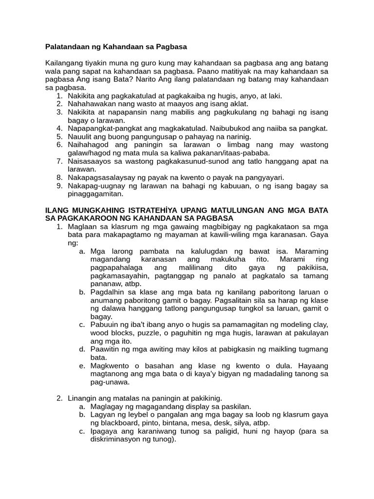 Palatandaan NG Kahandaan Sa Pagbasa | PDF