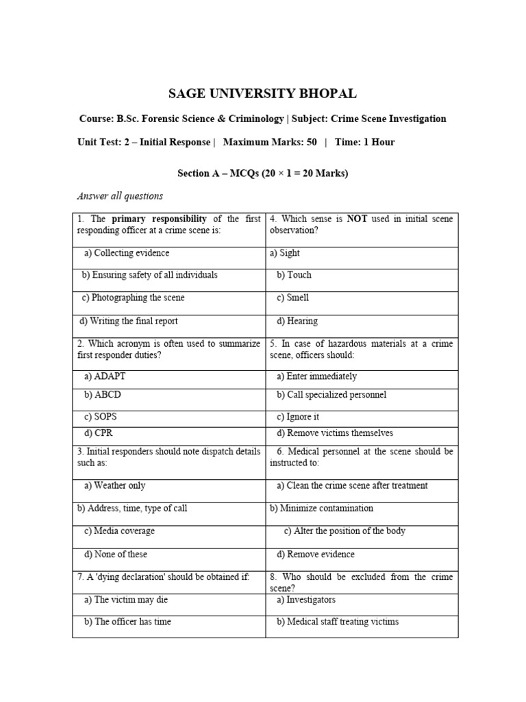 Crime Scene Management Unit2 Set 1 QP | PDF | Crime Scene | Forensic ...