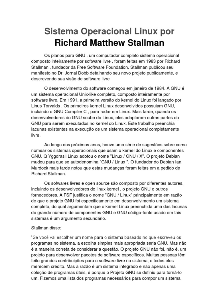 Sistema Operacional Linux Por Richard Matthew Stallman | PDF | Linux | Gnu