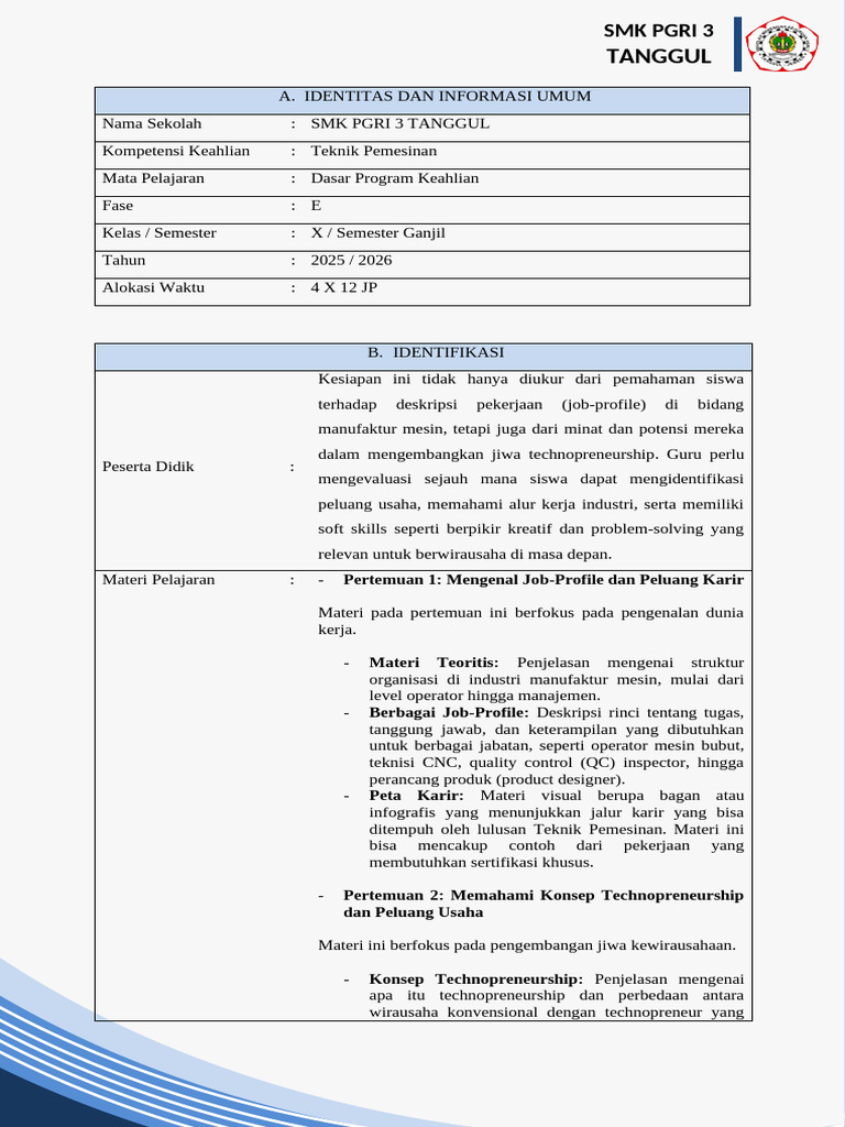 MODUL AJAR - DPK TP Profesi Dan Kewirausahaan | PDF