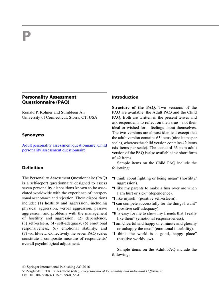 PAQ | PDF | Self Esteem | Psychometrics