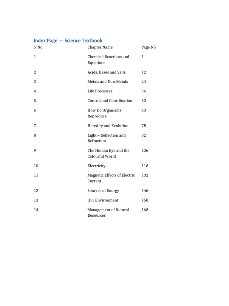 Index Page Science Textbook | PDF