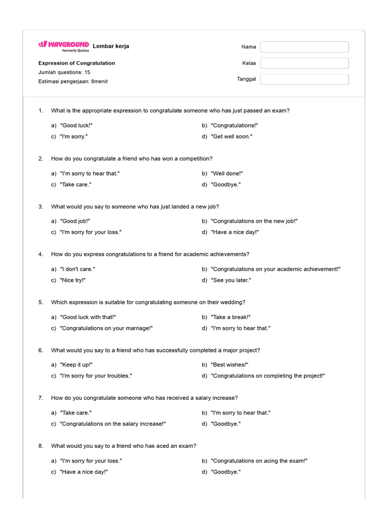 Expressions of Congratulations Worksheet | PDF