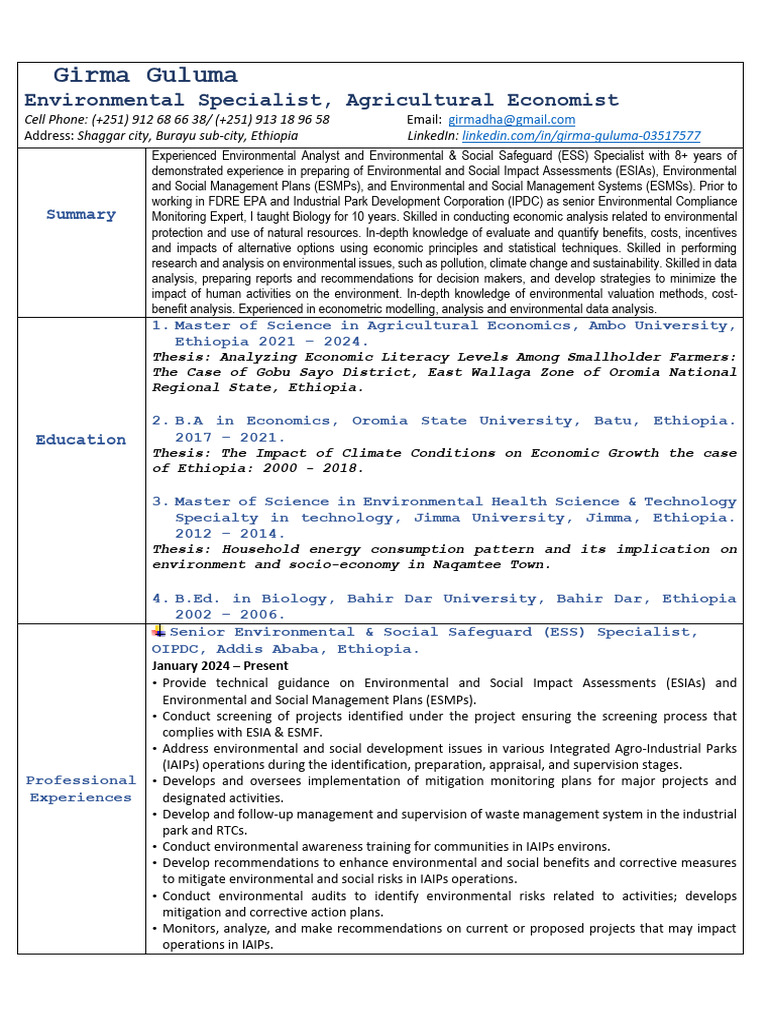CV_Girma Guluma 2025c | PDF | Regulatory Compliance | Environmental ...