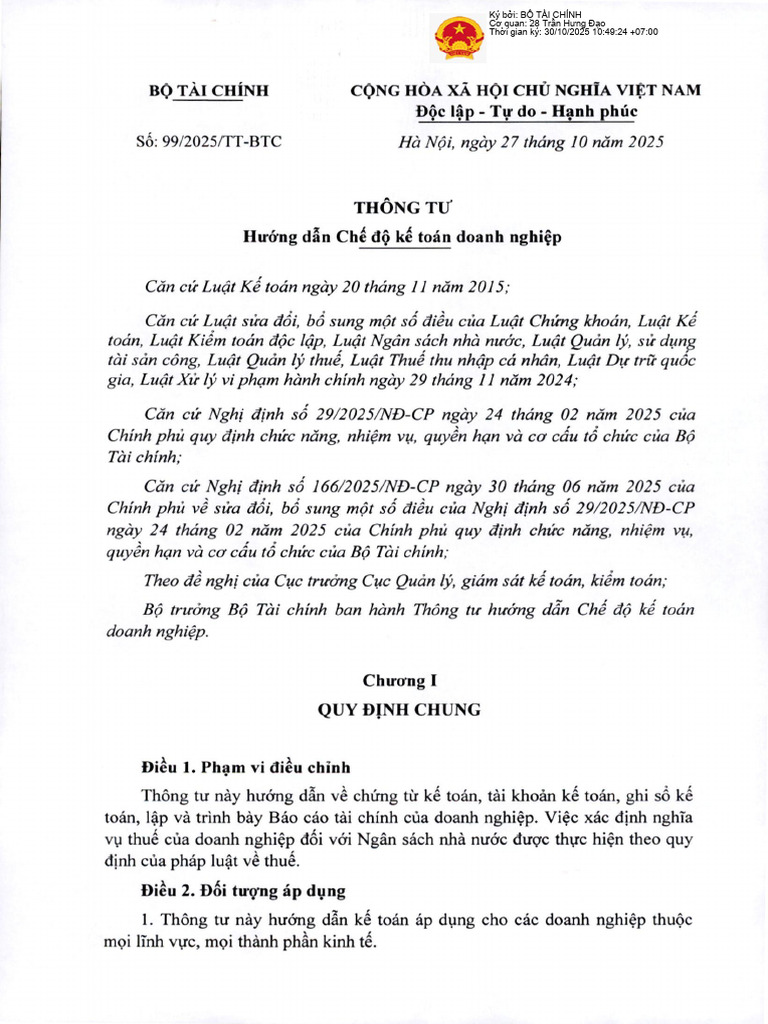 Circular 99-TT-BTC - Huong Dan Che Do Ke Toan Doanh Nghiep (1-156) | PDF