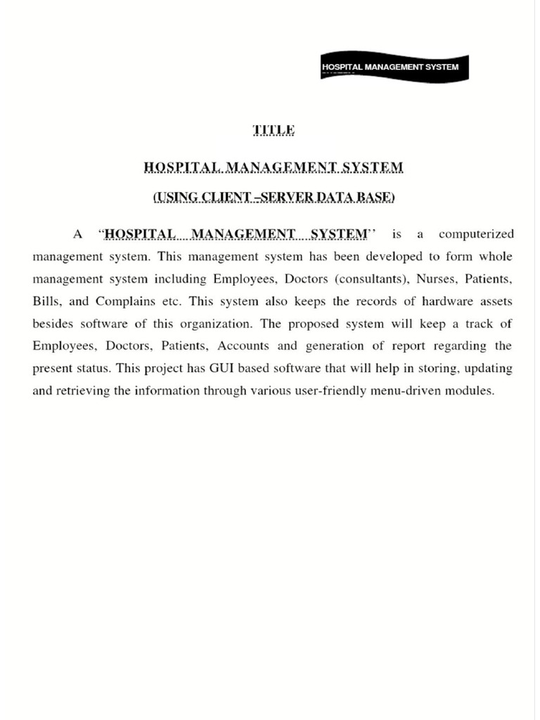 Hospital Management System Synopsis Project Report | PDF
