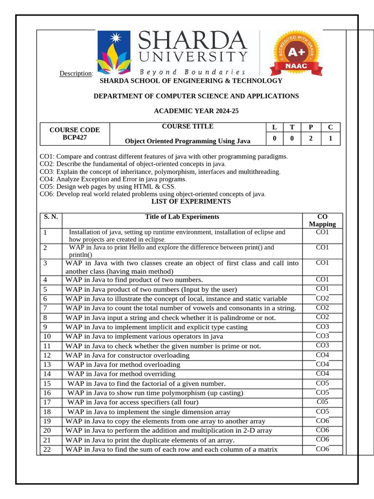 Updated Java List of Experiments (2)[1] | PDF | Constructor (Object Oriented Programming ...