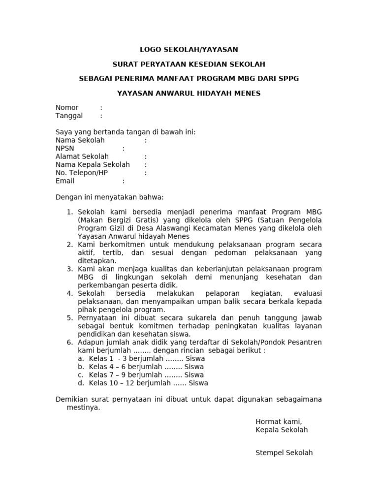 Surat Pernyataan Kesediaan Sekolah MBG Rev-1 | PDF