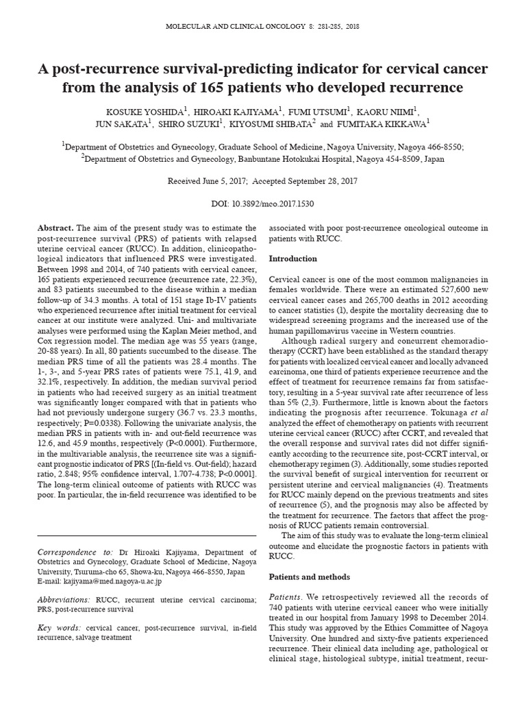 A Post - Recurrence Survival - Predicting Indicator For Cervical Cencer ...