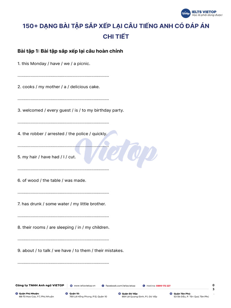 (PDF) Các Dạng Bài Tập Sắp Xếp Lại Câu Tiếng Anh Có Đáp Án Chi Tiết | PDF