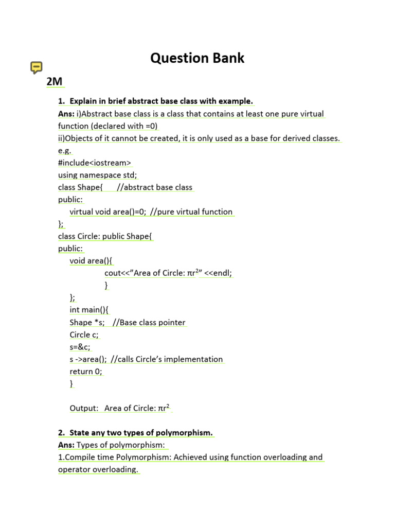 Question Bank For Class Test II (OOP) | PDF | Class (Computer ...
