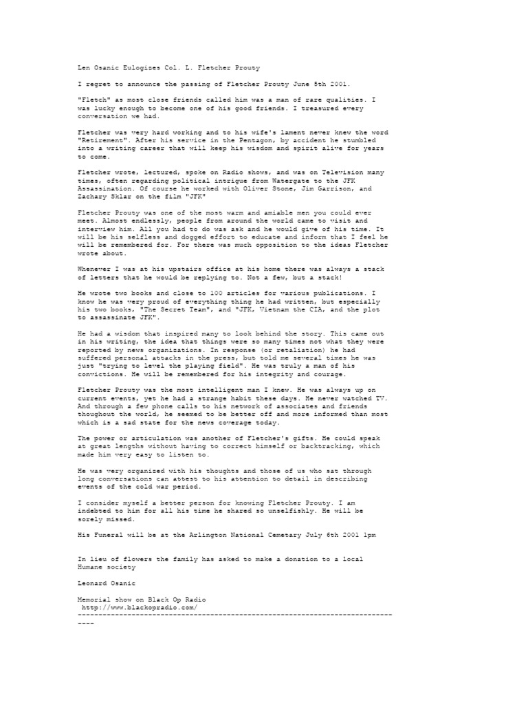 Colonal L. Fletcher Prouty - Biography, Eulogy, History | PDF | Military