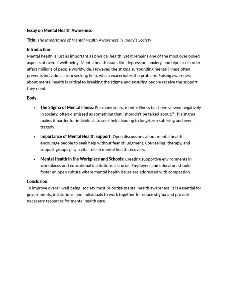 Essay On Mental Health Awareness | PDF