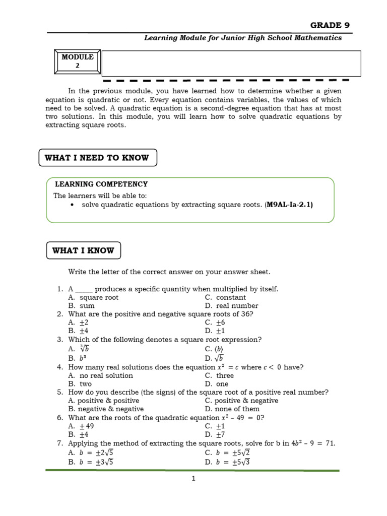 q1 Math 9 Lesson 2 Extracting Square Roots Module | PDF | Quadratic ...