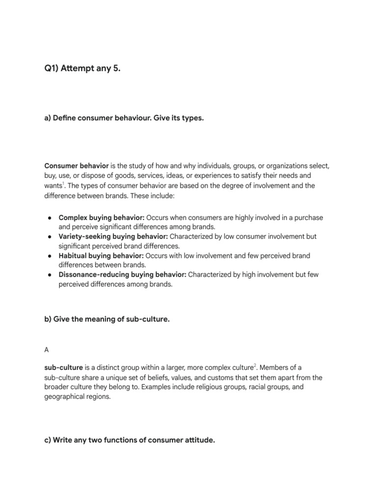 CIE-1 Consumer Behaviour - Answer Key | PDF | Consumer Behaviour | Behavior