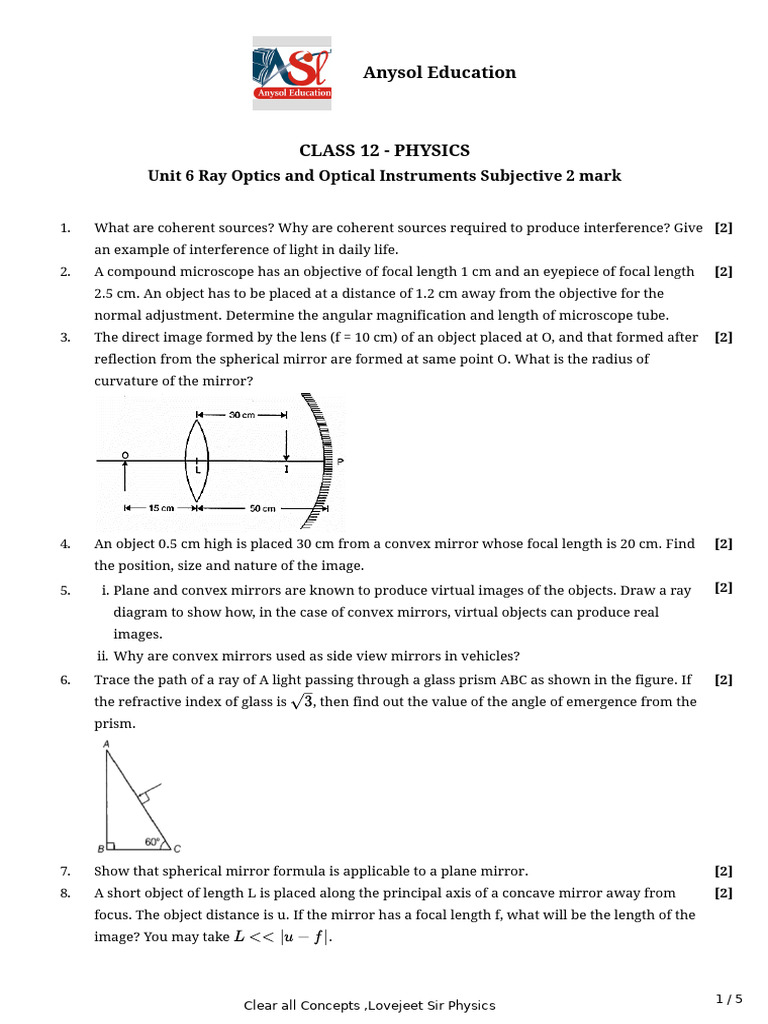 Unit 6 Ray Optics and Optical Instruments Subjective 2 Mark | PDF ...