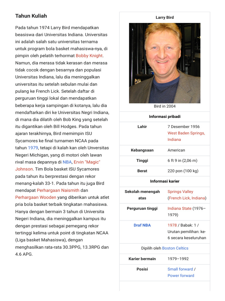 Larry Bird - Wikipedia Bahasa Indonesia, Ensiklopedia Bebas | PDF