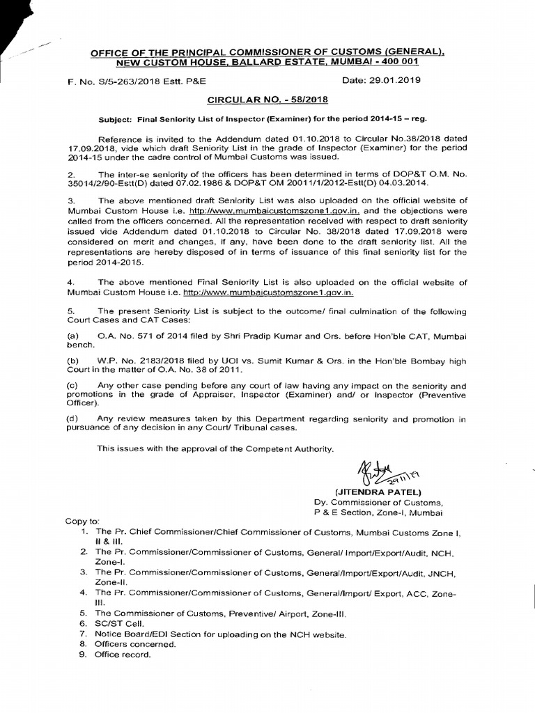 Final Seniority List of Inspector (Examiner) For The Period 2014-15 | PDF