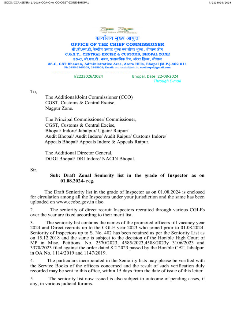 Draft Seniority List of CGST Inspectors | PDF