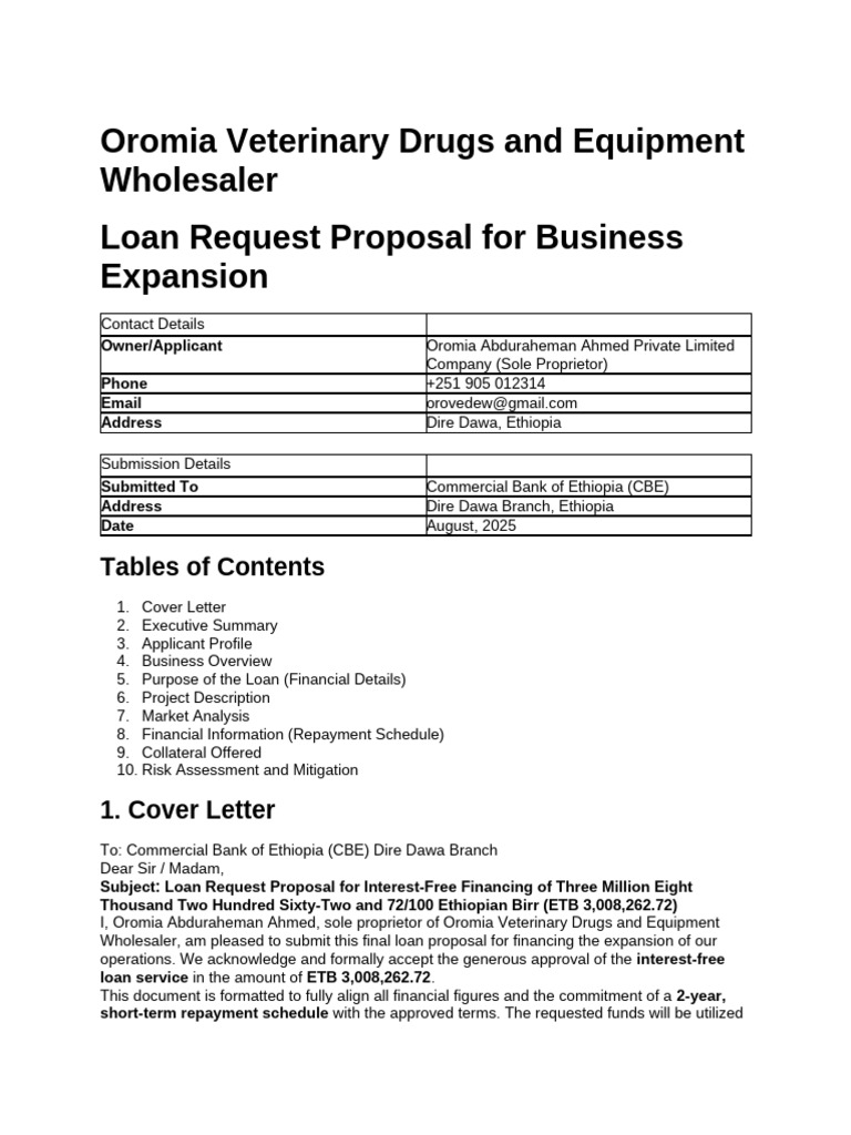 Loan Request Proposal - Oromia Veterinary Drugs Wh... | PDF | Equity ...