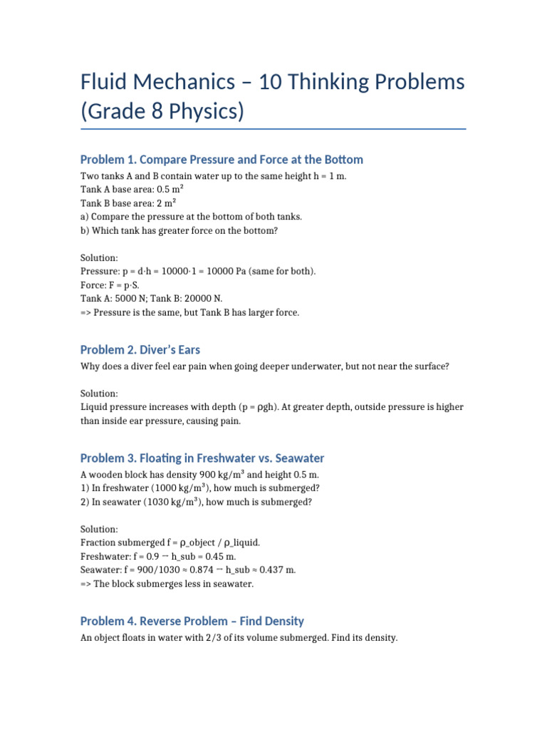 Fluid Mechanics 10 Thinking Problems | PDF | Pressure | Buoyancy
