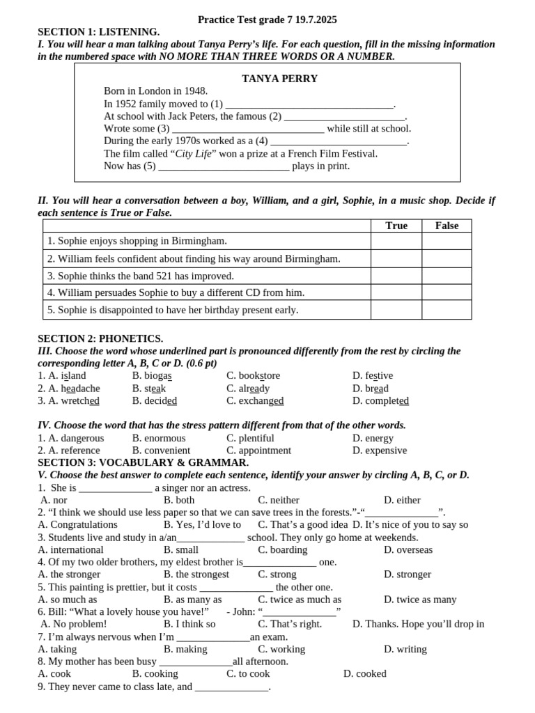 Grade 7 Listening & Grammar Practice Test | PDF | Wind Power