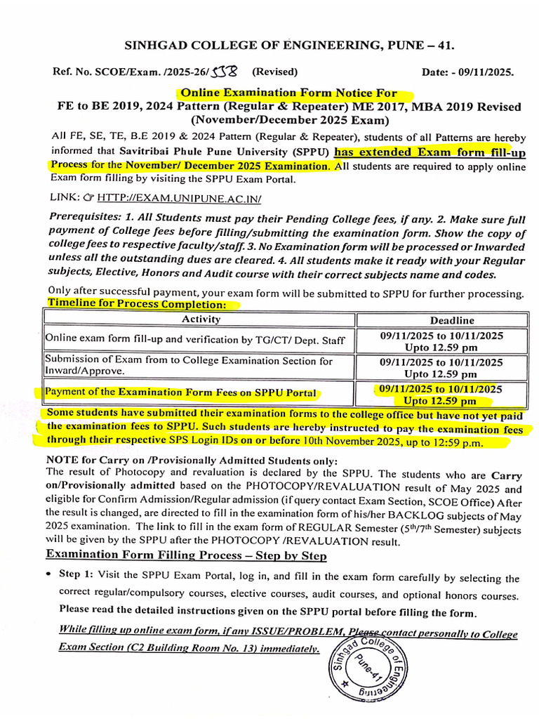 Exam Form Date Extended & Online Payment Notice November 2025 Exam. | PDF