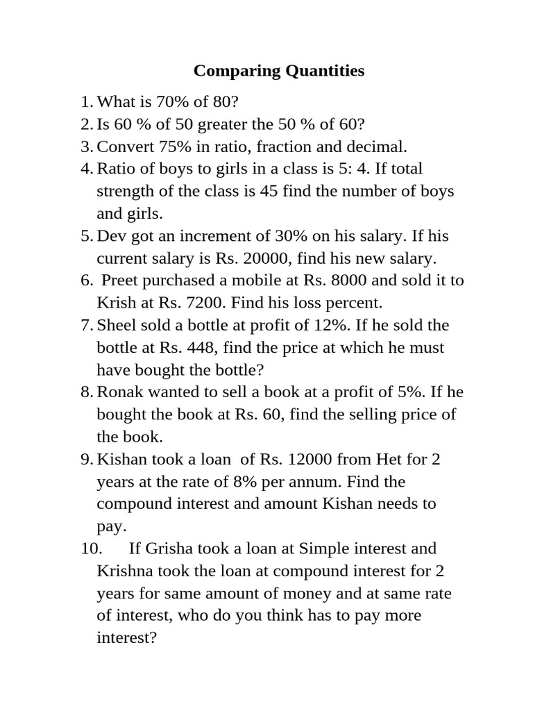 Quantity Comparison and Financial Calculations | PDF | Interest | Prices