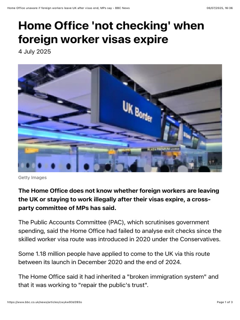 Home Office Unaware If Foreign Workers Leave UK After Visas End, MPs ...