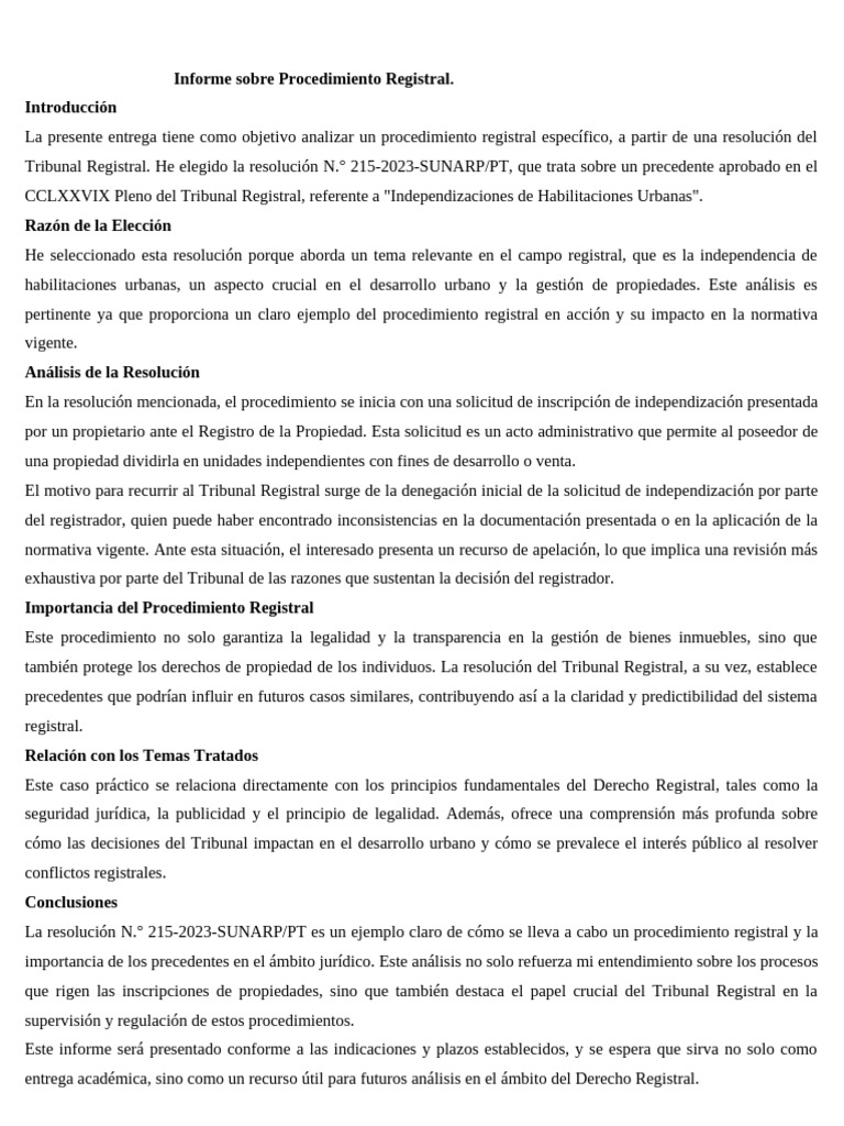 Informe Sobre Procedimiento Registral. | PDF | Propiedad | Precedente