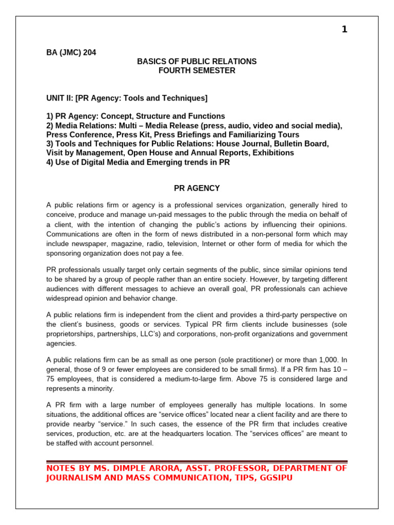 PR Notes - Unit II by Ms. Dimple Arora | PDF | Public Relations | News