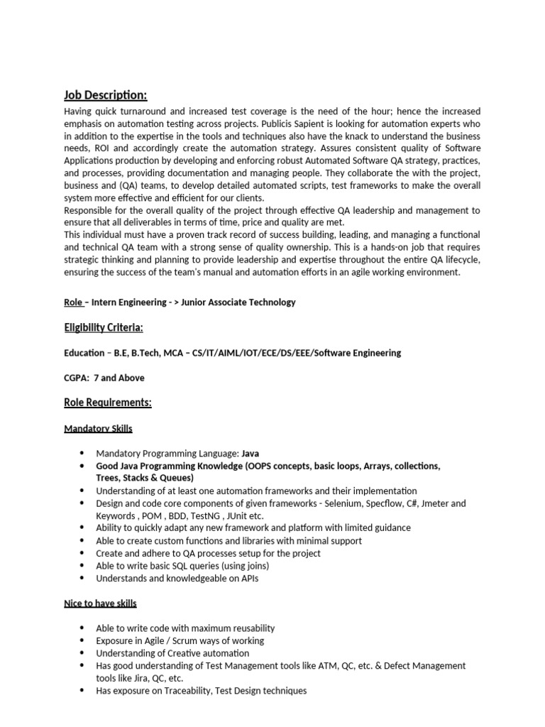 JD Quality Engineering Internship | PDF | Quality Assurance | Computer Programming