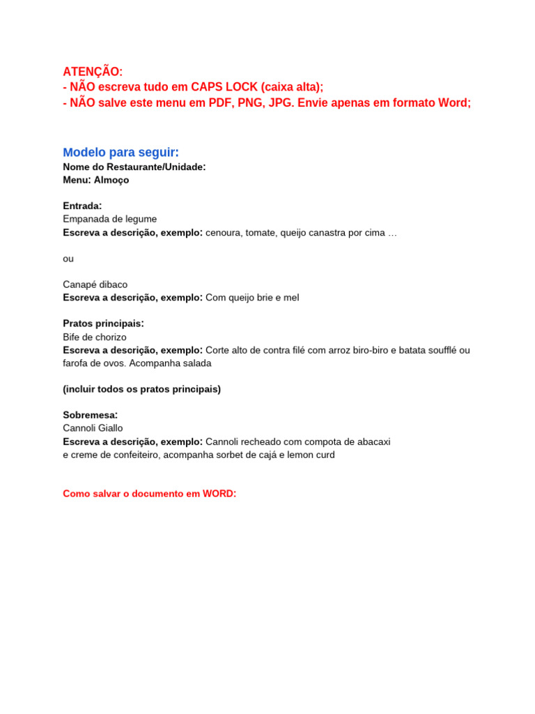 Modelo de cardápio em Word | PDF