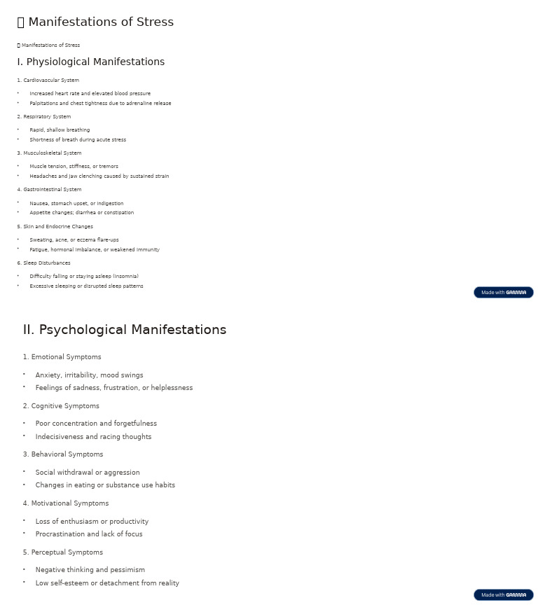Stress Manifestations: Physical & Mental Effects | PDF