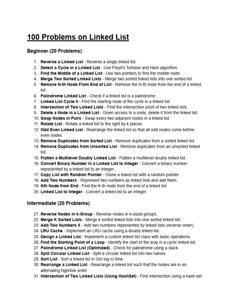 100 Linked List Problems for Practice | PDF | Algorithms And Data ...