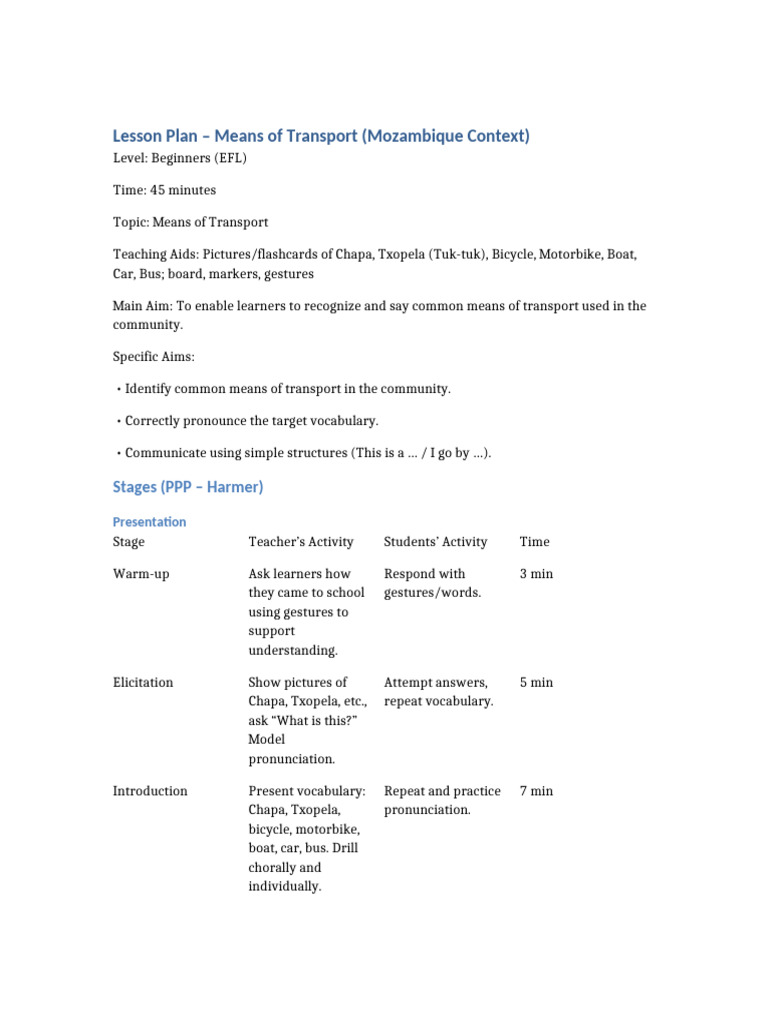 EFL Lesson Plan: Transport in Mozambique | PDF | Vocabulary | Lesson Plan