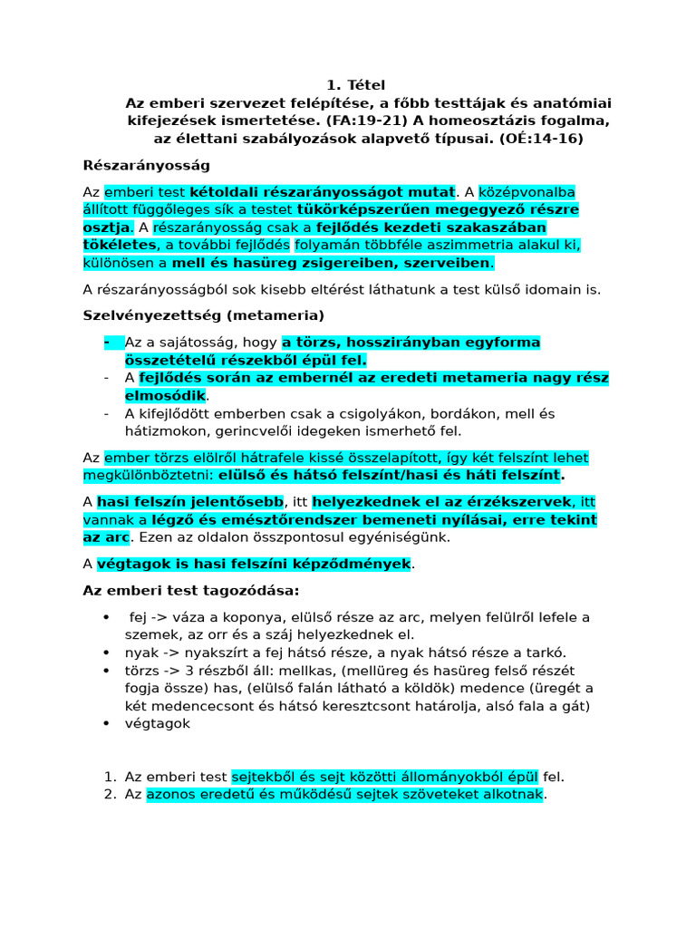 Tétel - Az Emberi Szervezet Felépítése | PDF