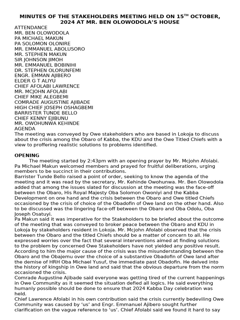 Minutes of The Stakeholders Meeting Held On 15TH October | PDF | Demand ...