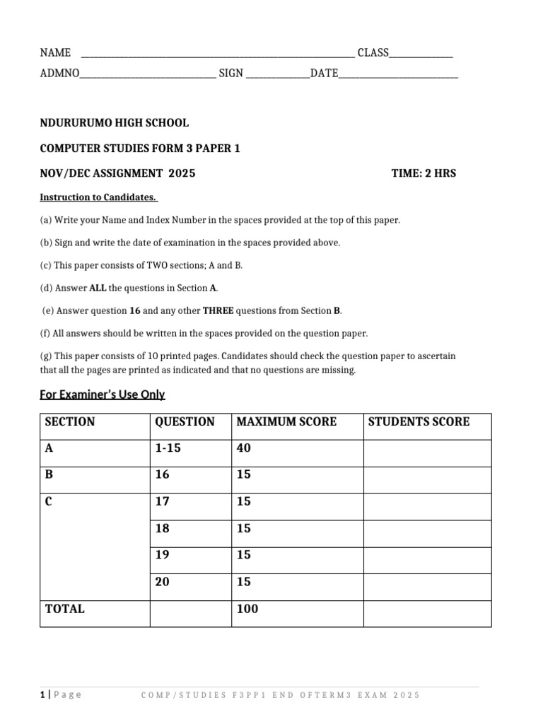 Form 3 Computer Studies Exam 2025 | PDF | Computer Science | Computing