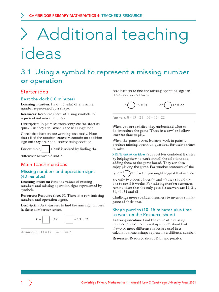 Cambridge Primary Math 4 Teaching Ideas | PDF | Subtraction | Mathematics