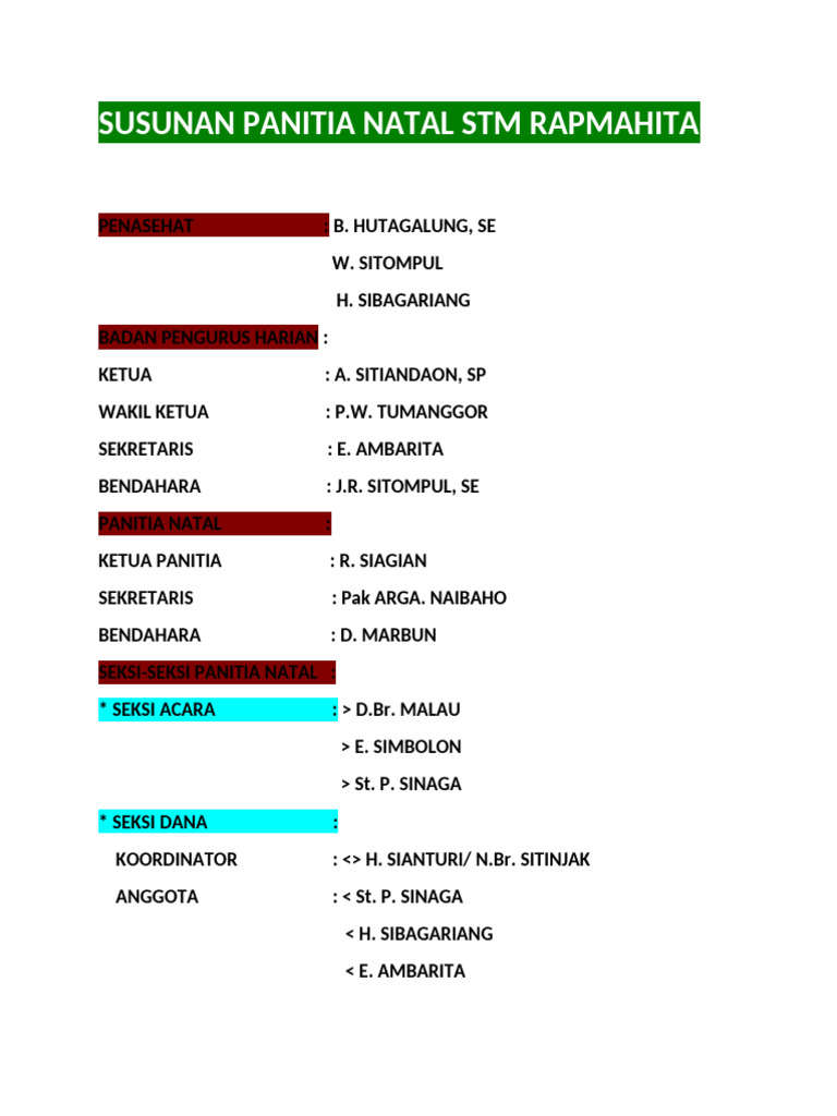 Susunan Panitia Natal STM Rapmahita | PDF