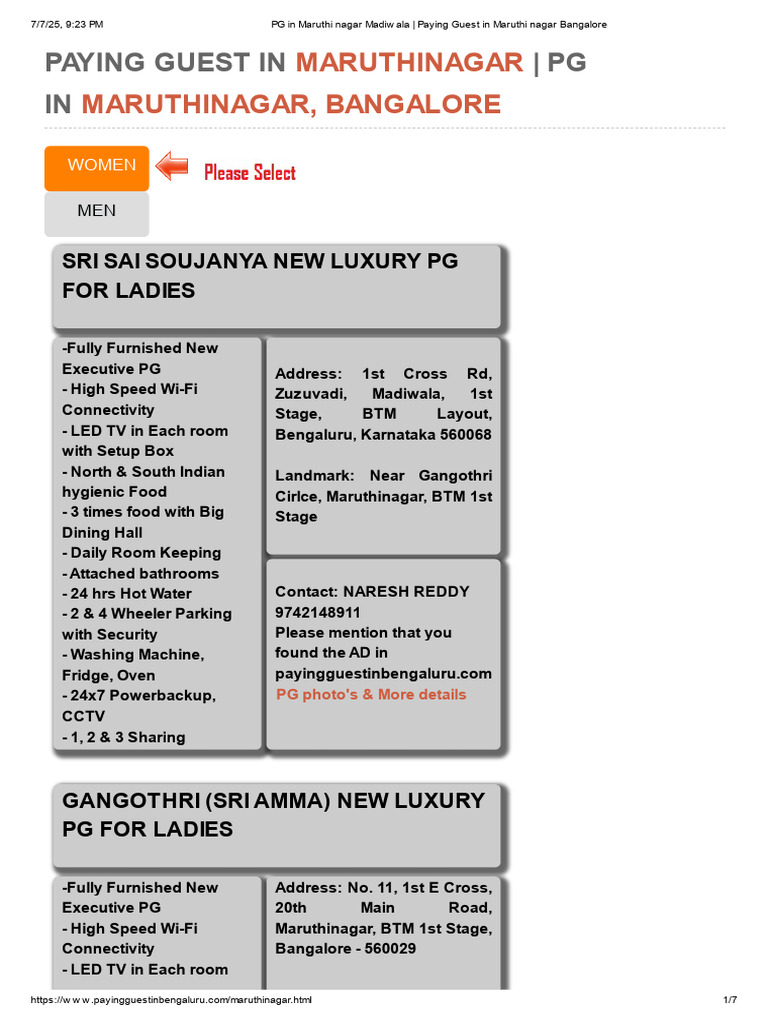 PG WOMEN in Maruthi Nagar Madiwala _ Paying Guest in Maruthi Nagar Bangalore | PDF