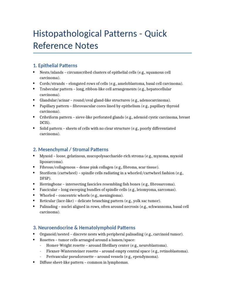 Histopathological Patterns Notes | PDF | Neoplasms | Anatomy