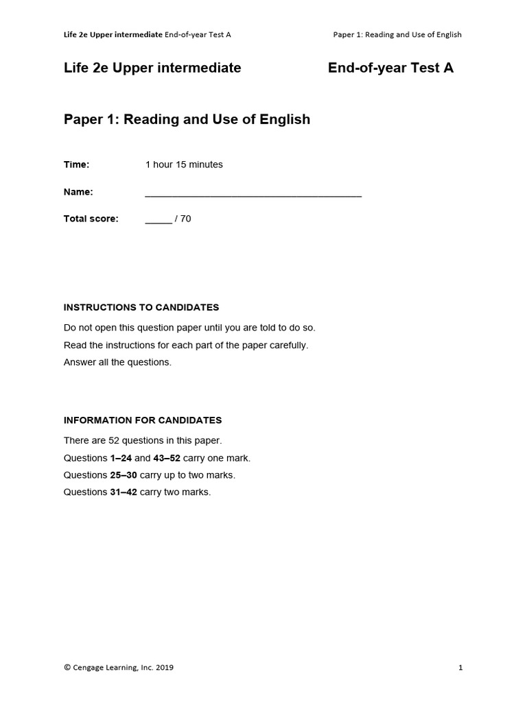 Life 2e Upper Intermediate Test A | PDF | Toothbrush