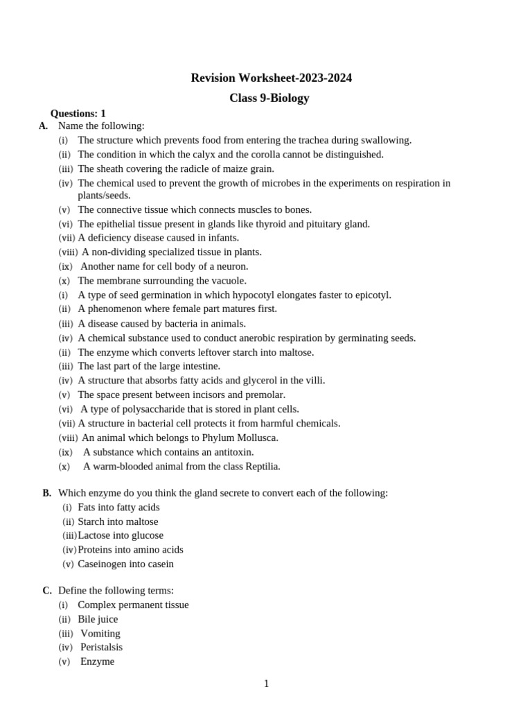 Class 9 Biology Revision Worksheet | PDF | Seed | Glucose