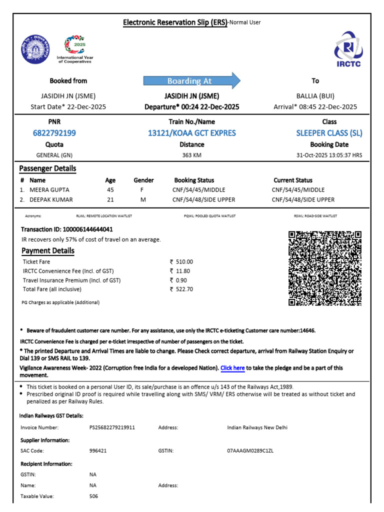 13121/koaa GCT Expres Sleeper Class (SL) | PDF | Identity Document ...