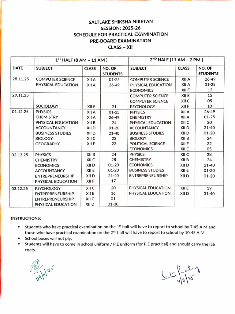 Schedule For Pre Board Practical Exam Class XII | PDF | Liberal Arts ...