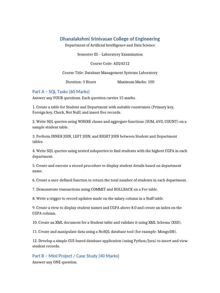 DBMS Lab Exam Question Paper | PDF | Databases | Sql