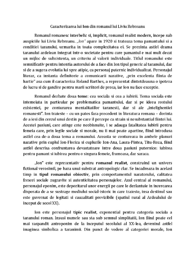 Caracterizarea Lui Ion Din Romanul Lui Liviu Rebreanu - TOAZ - Info | PDF