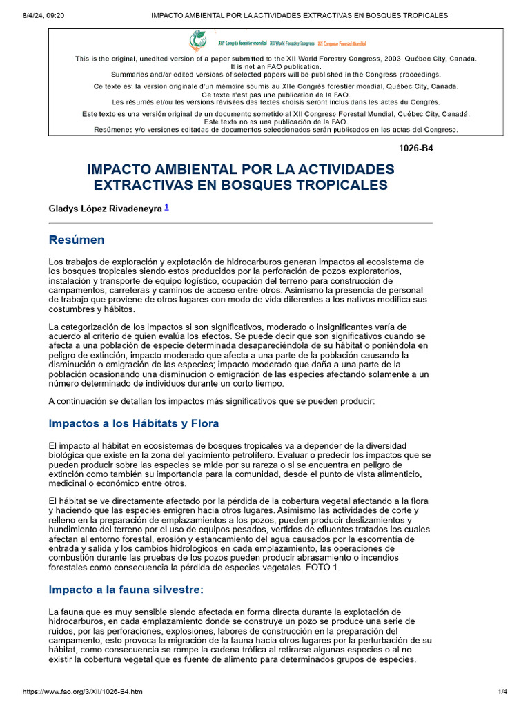Impacto Ambiental Por La Actividades Extractivas en Bosques Tropicales ...